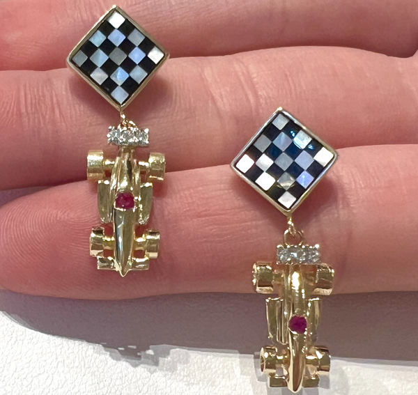 Formula One Race Car Mother of Pearl Checkered Flag Ruby & Diamond Ear